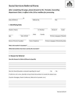 Fillable Online Social Services Referral Form - Kelly High School Fax ...