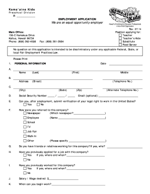 Fillable Online Preschool Employment Application - Kamaaina Kids Fax ...