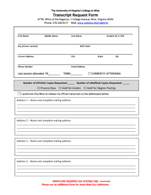 Fillable Online uvawise Transcript Request Form - UVa-Wise Fax Email Print - pdfFiller