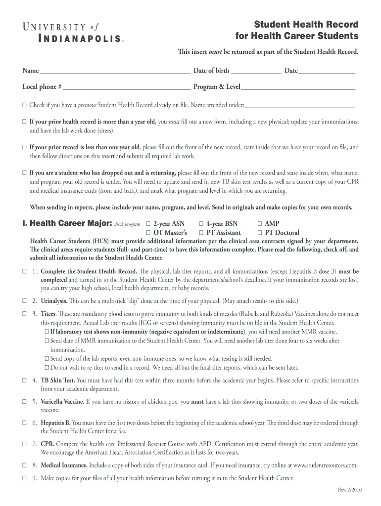 Fillable Online healthservices uindy Student Health Record for Health ...