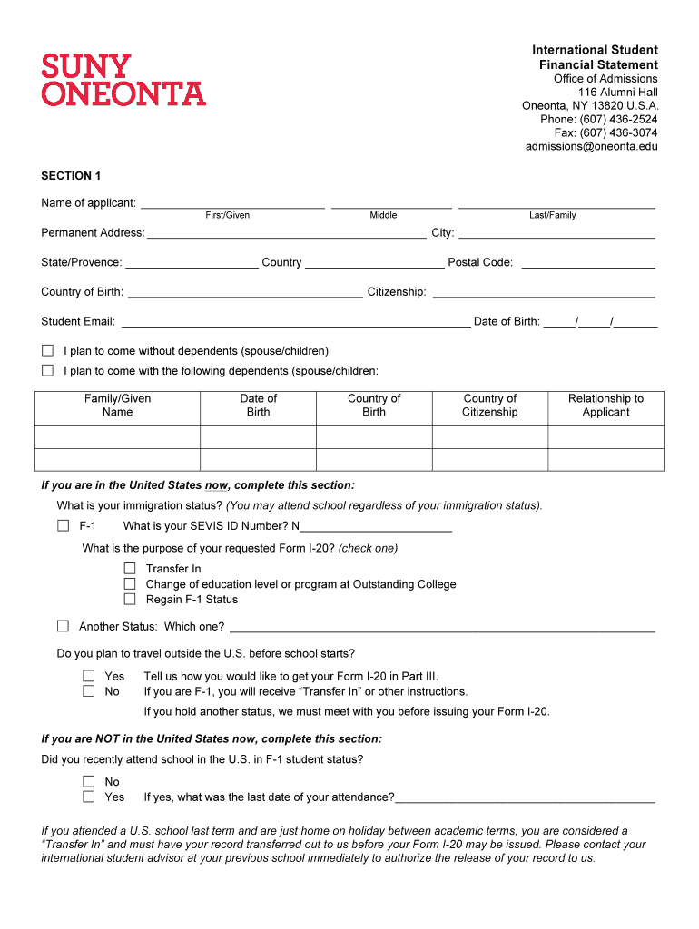 Fillable Online suny oneonta International Financial Statementdoc Fax ...