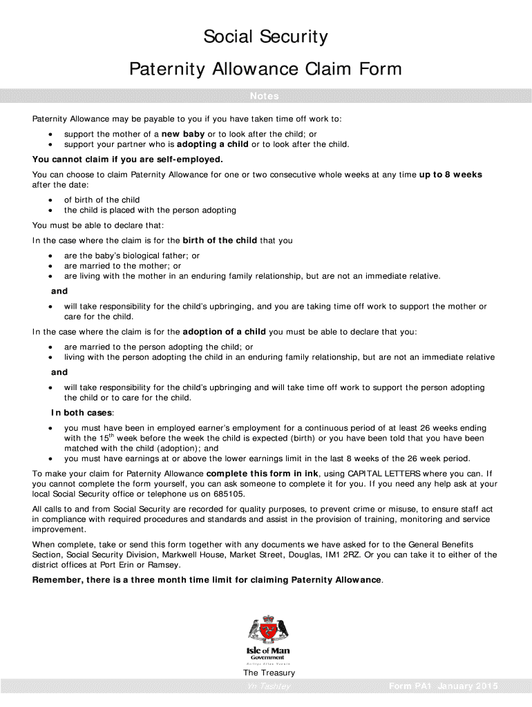 Fillable Online gov Social Security Paternity Allowance Claim Form Fax ...