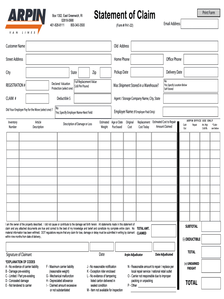 Fillable Online Box 1302 East Greenwich RI Statement of Claim Form Fax ...