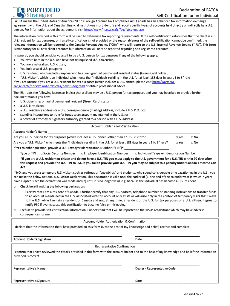 Fillable Online Declaration FATCA Self Certification Individual Fax ...