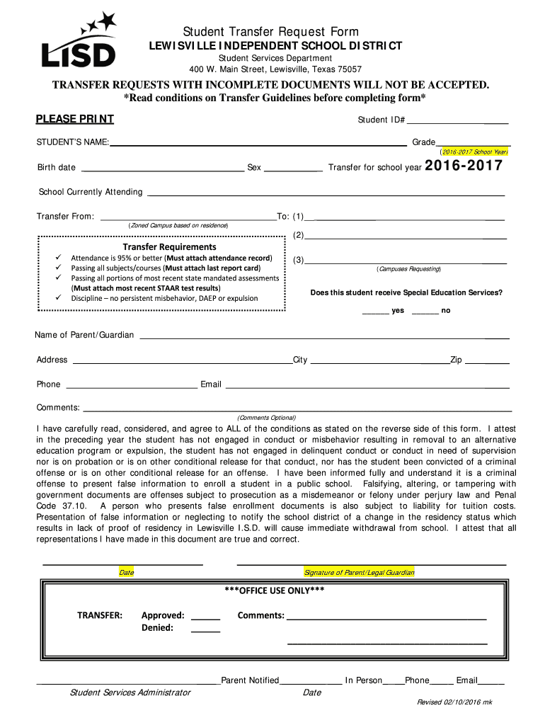 Fillable Online lisd Student Transfer Form # Fax Email Print - pdfFiller