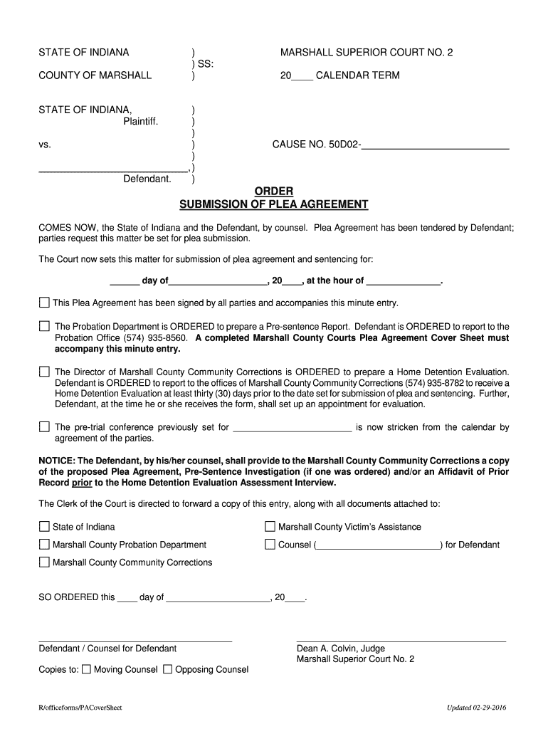 Fillable Online co marshall in ORDER SUBMISSION OF PLEA AGREEMENT Fax ...