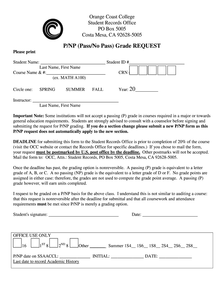 Fillable Online orangecoastcollege PNP PassNo Pass Grade REQUEST ...
