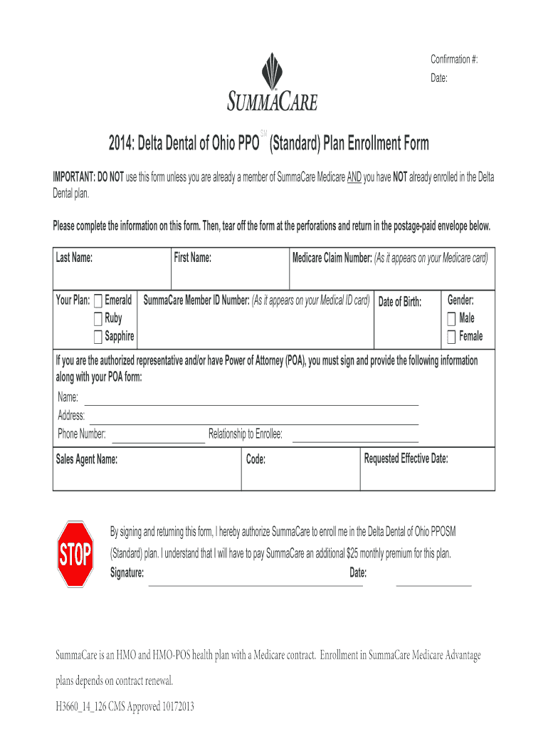 Fillable Online 2014 Delta Dental of Ohio PPO Standard Plan Enrollment ...