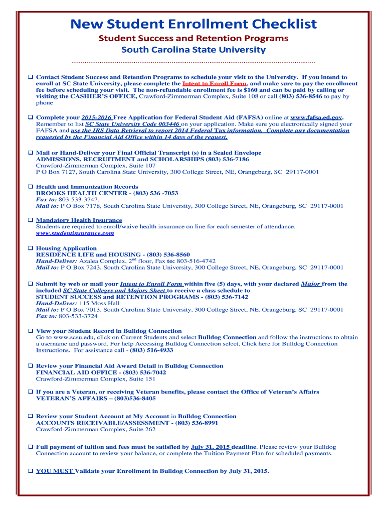 Fillable Online scsu New Student Enrollment Checklist - scsuedu Fax Email Print - pdfFiller
