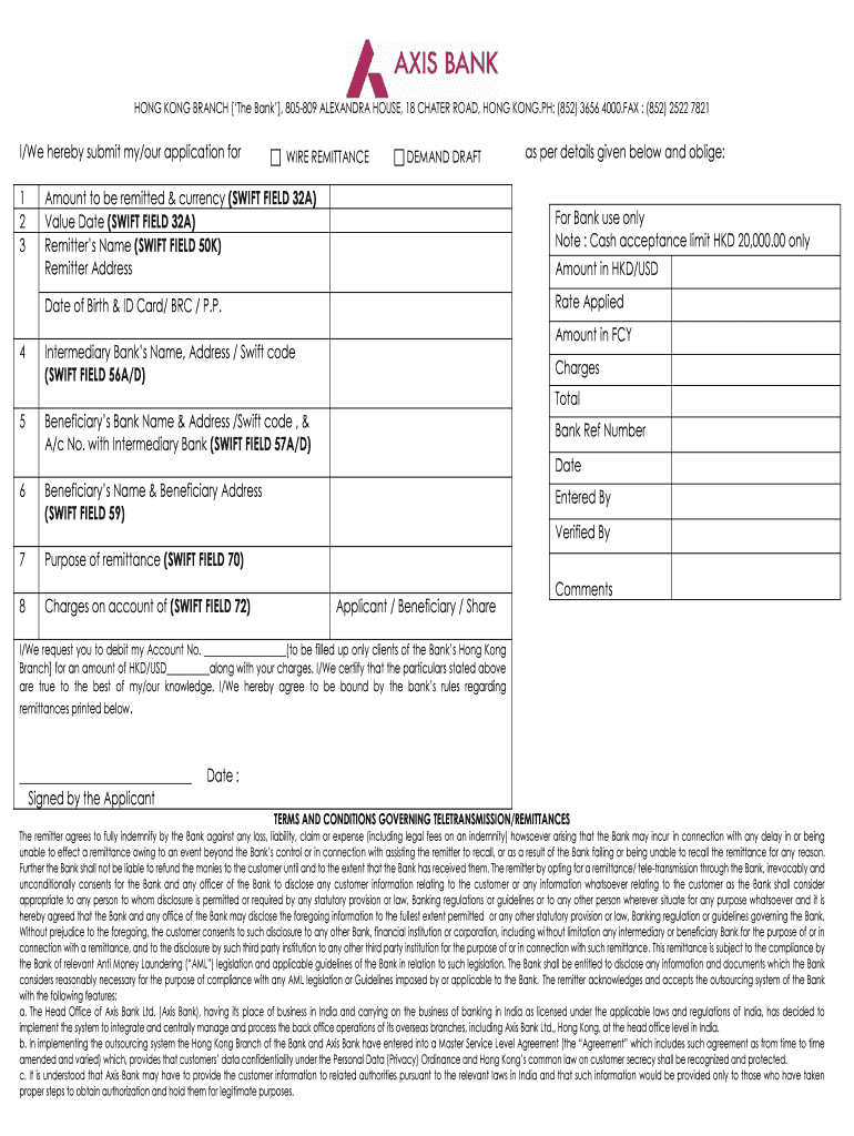 Fillable Online axisbank SWIFT FIELD 32A For Bank use only Remitters ...