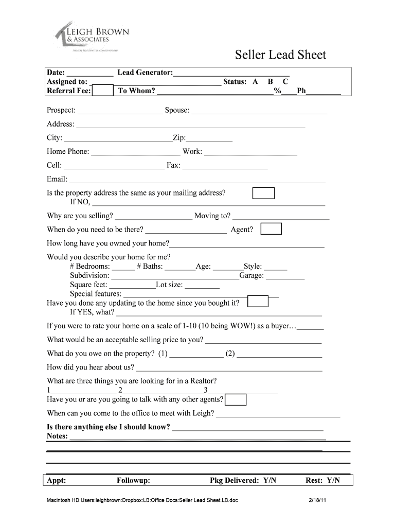 Fillable Online Seller Lead Sheet - okrealtorscom Fax Email Print ...
