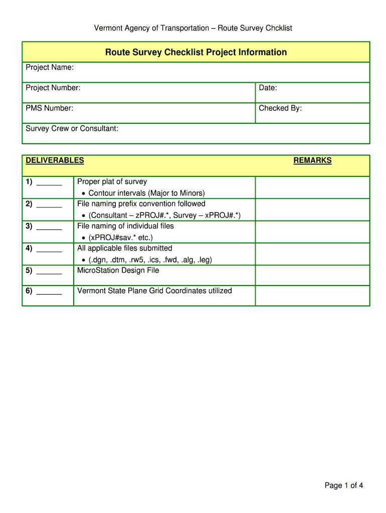 Fillable Online Route Survey Checklist Project Information - Vermont ...