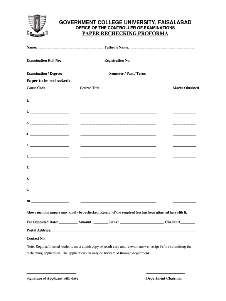 Fillable Online PAPER RECHECKING PROFORMA Fax Email Print - pdfFiller