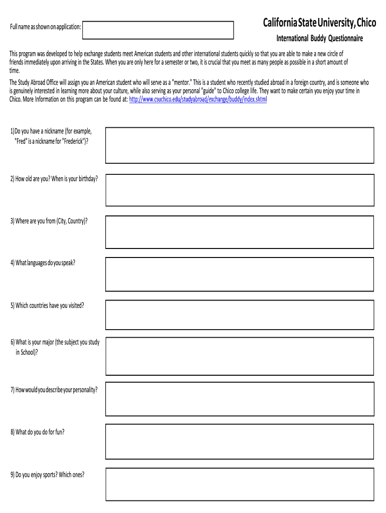 Fillable Online csuchico International Buddy Questionnaire - CSU Chico Fax Email Print - pdfFiller