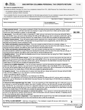 Fillable Online sfu 2002 BRITISH COLUMBIA PERSONAL TAX CREDITS RETURN ...
