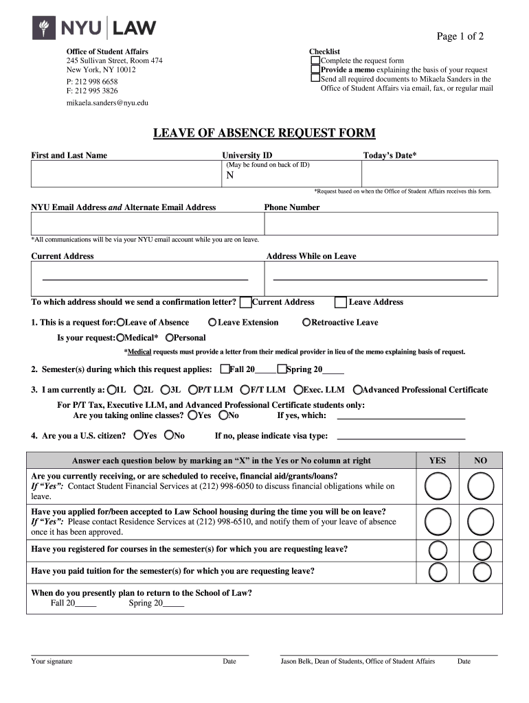 Fillable Online law nyu LEAVE OF ABSENCE REQUEST FORM - New York University School Fax Email ...