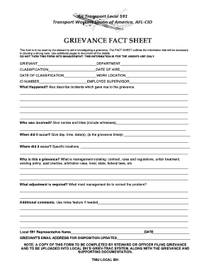 Fillable Online GRIEVANCE FACT SHEET - Local 591 Fax Email Print ...