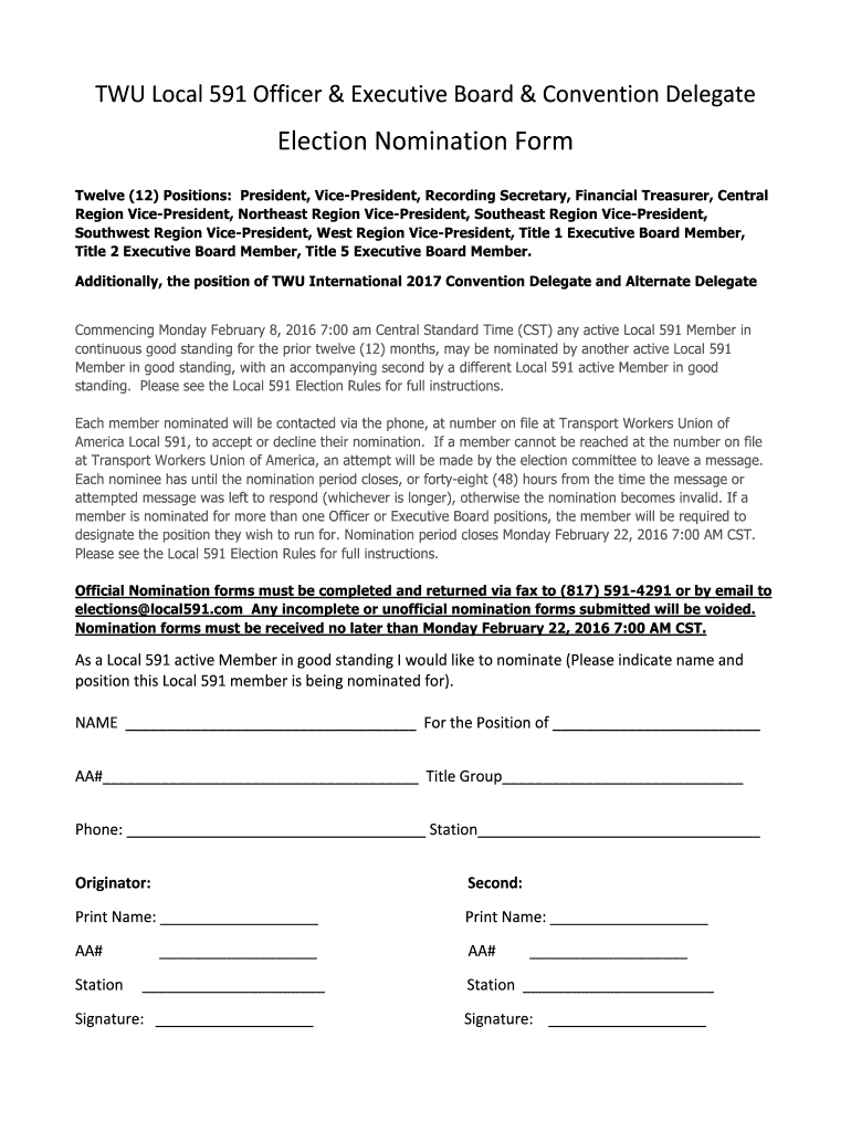 Fillable Online Election Nomination Form - Local 591 Fax Email Print ...