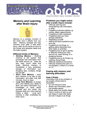 Fillable Online Memory and Learning after brain injury A fact sheet for ...