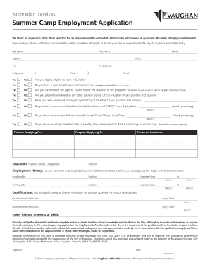 Fillable Online Summer Camp Employment Application - vaughanca Fax ...