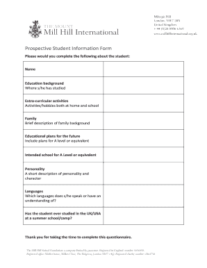 Fillable Online millhillinternational org Prospective Student ...