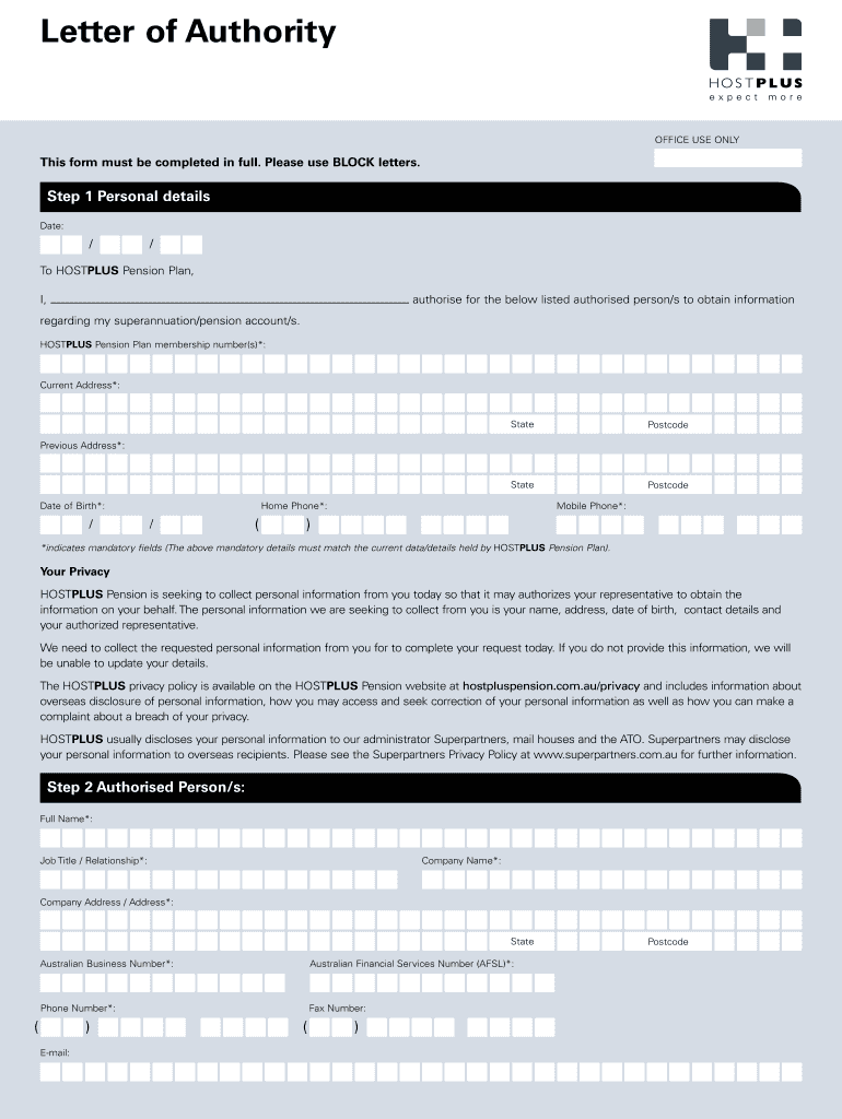 Fillable Online Letter of Authority - HOSTPLUS Fax Email Print - pdfFiller