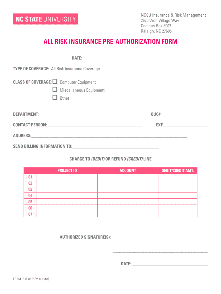 Fillable Online All Risk Insurance Pre-Authorization bFormb Fax Email ...