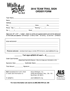 Fillable Online alsofmichigan 2016 TEAM TRAIL SIGN ORDER FORM - ALS of ...