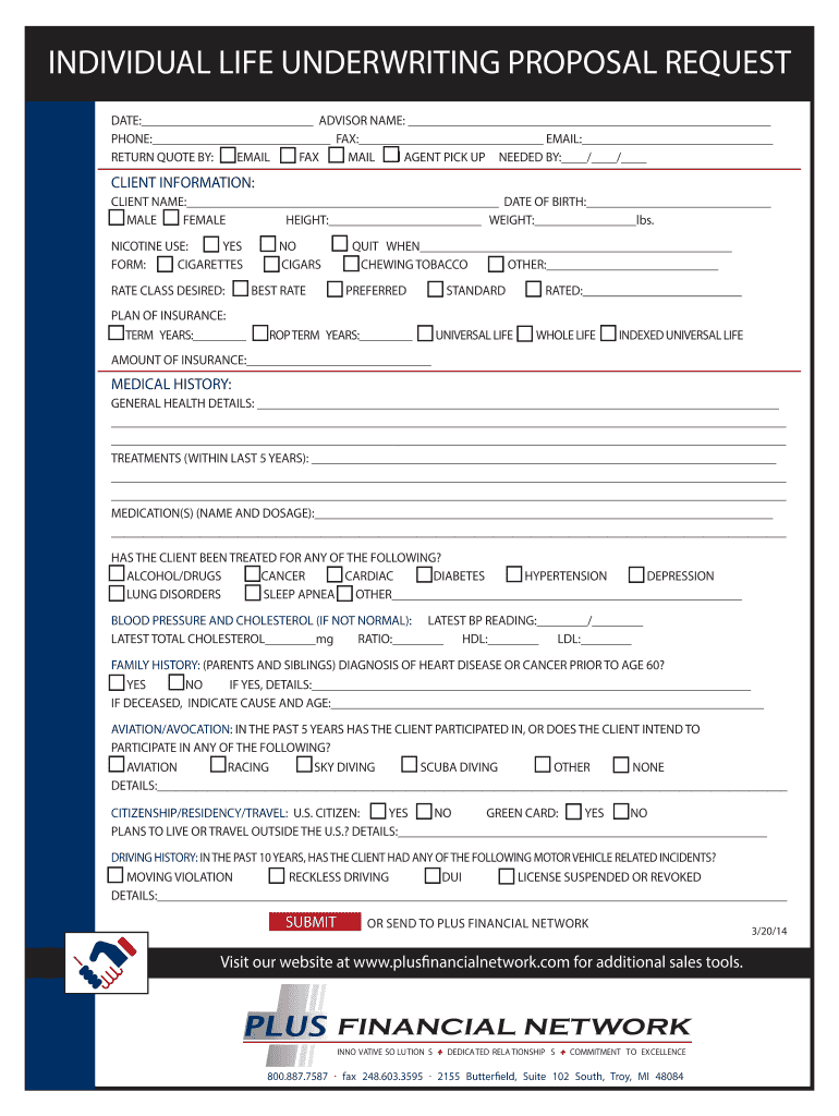 Fillable Online INDIVIDUAL LIFE UNDERWRITING PROPOSAL REQUEST Fax Email ...