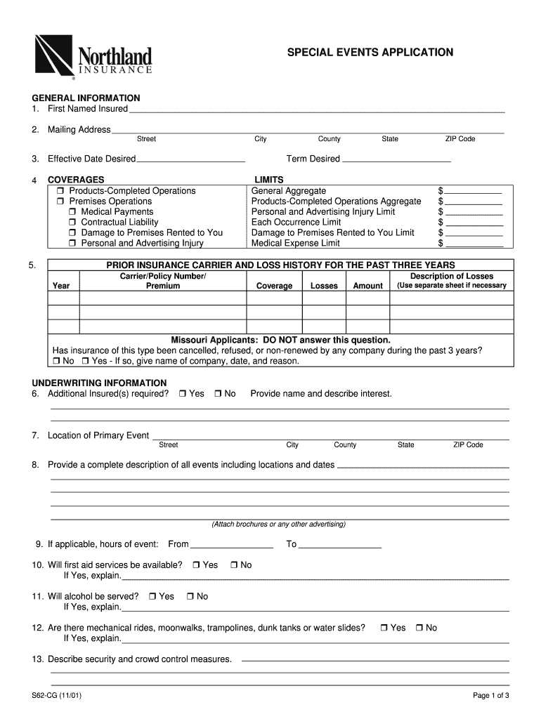 Fillable Online S62-CG (1101) SPECIAL EVENTS APPLICATION Fax Email Print - pdfFiller
