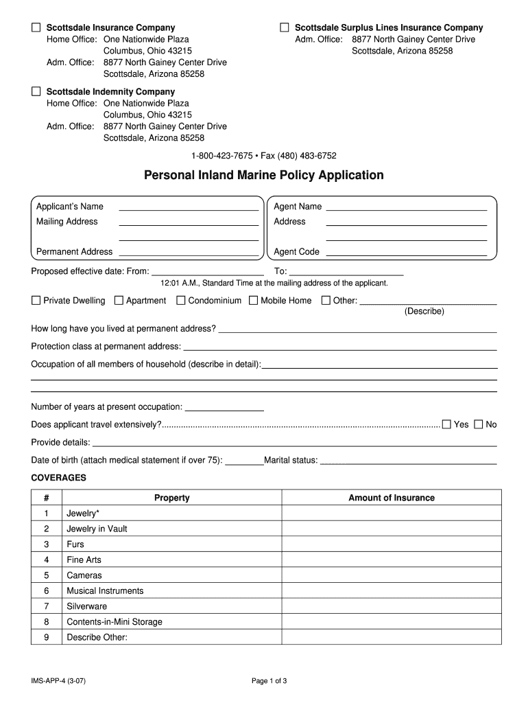 Fillable Online Personal Inland Marine Policy Application Fax Email ...