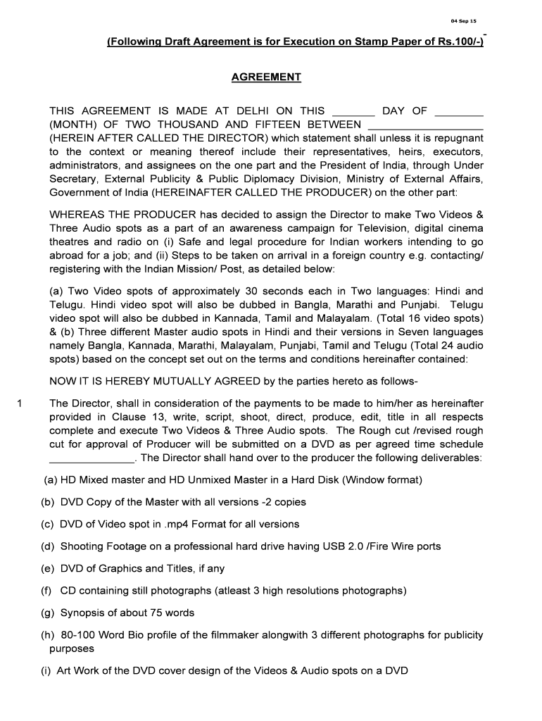 Fillable Online mea gov 04 Sep 15 (Following Draft Agreement is for ...