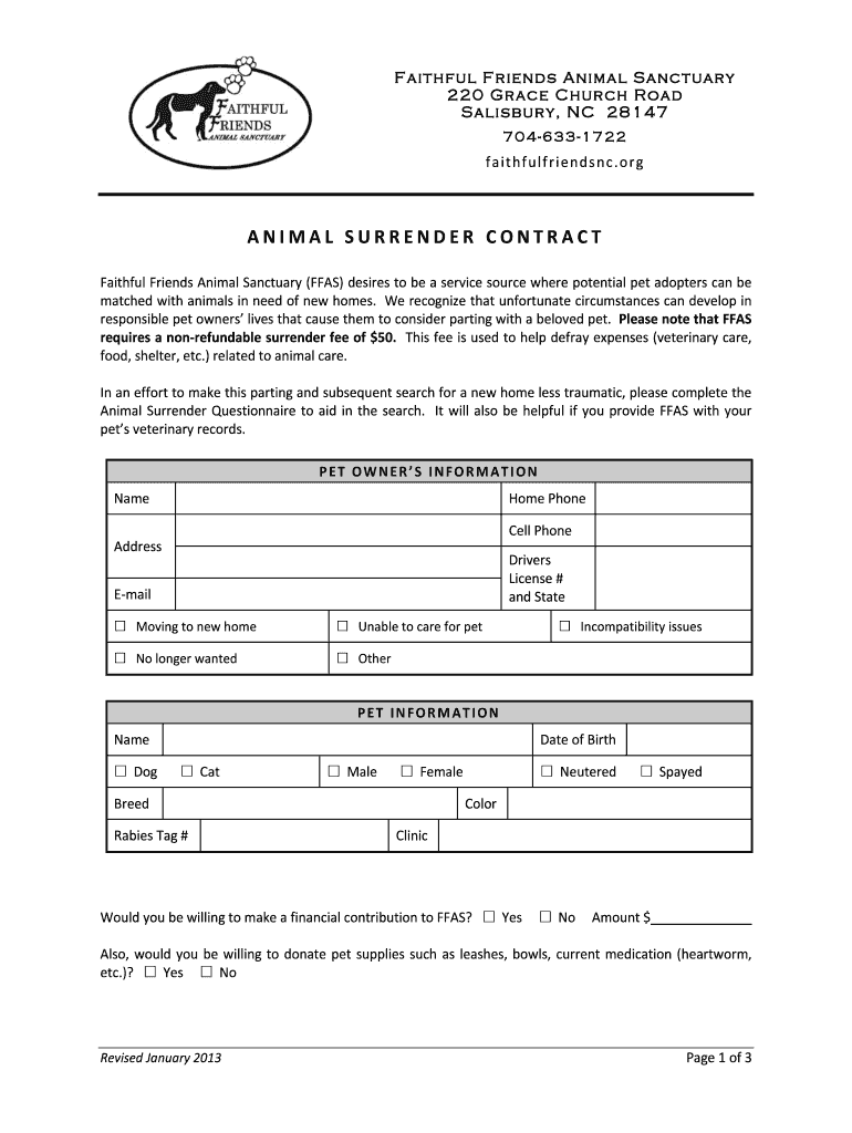 Fillable Online faithfulfriendsnc ANIMAL SURRENDER bCONTRACTb ...