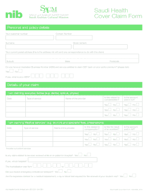 Fillable Online Saudi Health Cover Claim Form - nib Health Funds Fax ...