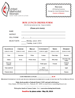 Fillable Online BOX LUNCH ORDER FORM - memphisbrtappcom Fax Email Print ...