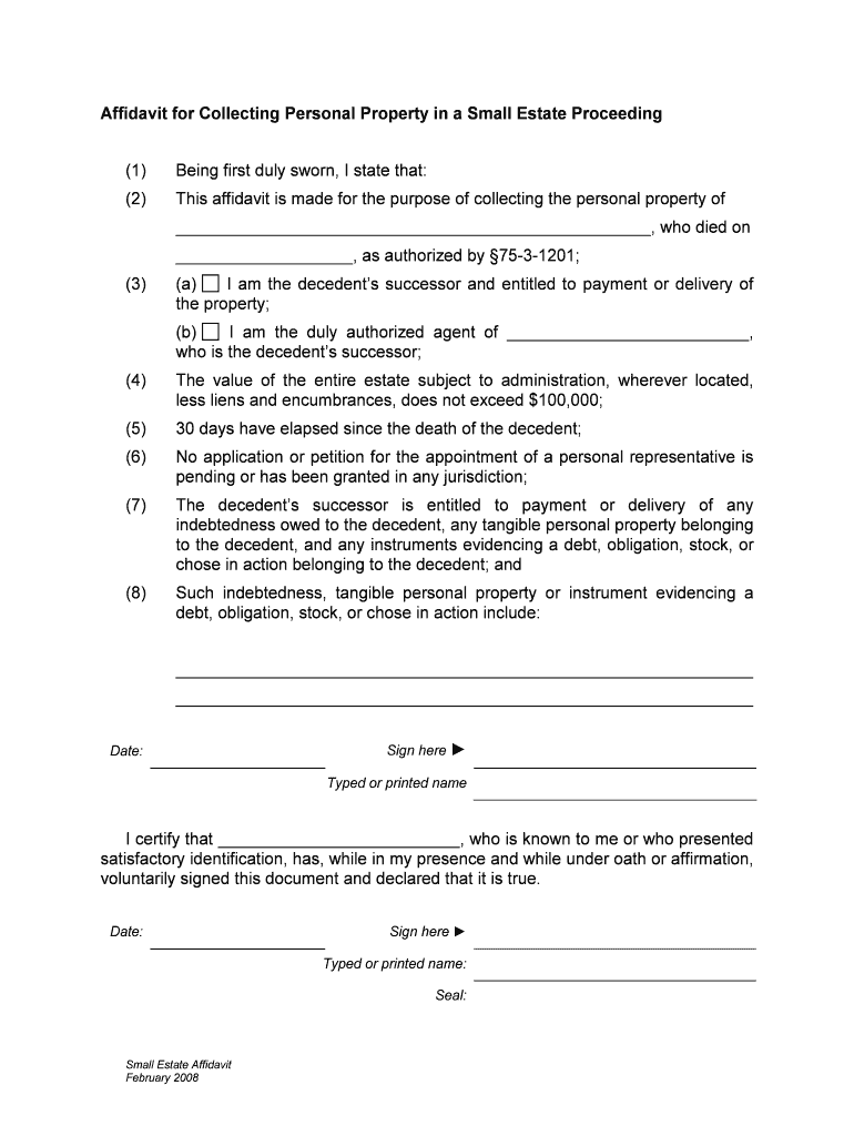 Fillable Online Affidavit for Collecting Personal Property in a Small ...