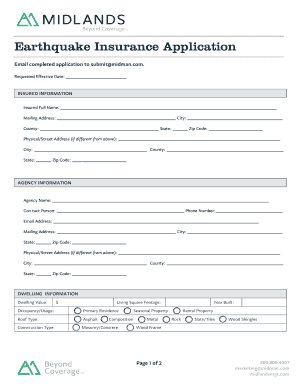 Fillable Online Earthquake Insurance Application - Midlands Fax Email ...
