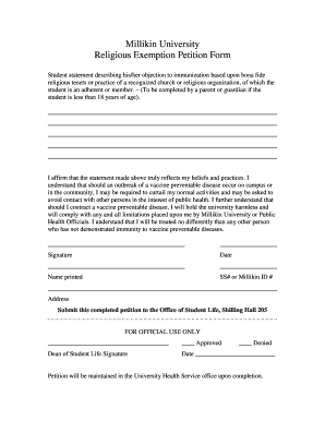 Fillable Online Millikin University Religious Exemption Petition Form ...