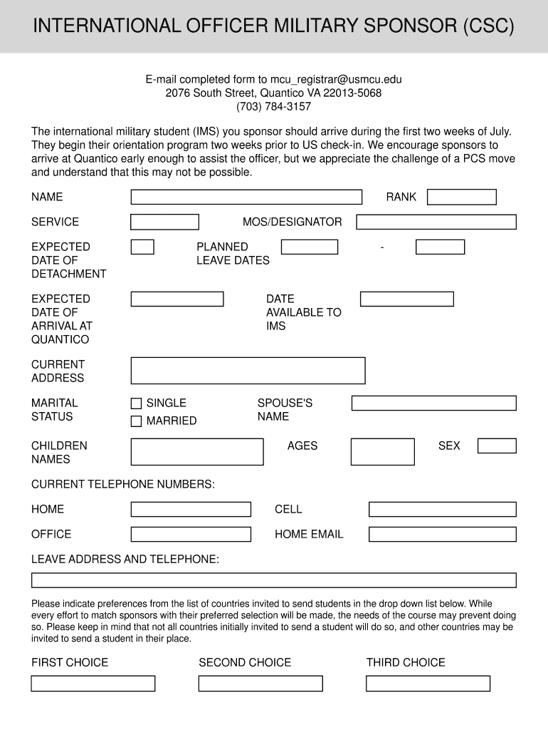 Fillable Online INTERNATIONAL OFFICER MILITARY SPONSOR CSC Fax Email ...