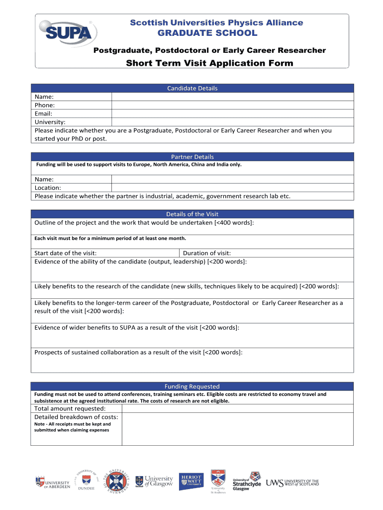 Fillable Online supa ac Short Term Visit Application Form - SUPA Fax ...