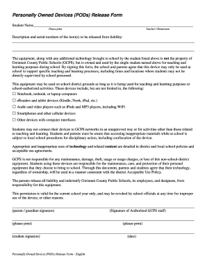 Fillable Online Personally Owned Devices (PODs) Release Form Student ...
