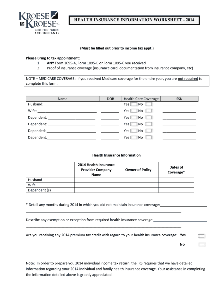 Fillable Online HEALTH INSURANCE INFORMATION WORKSHEET - 2014 Fax Email ...