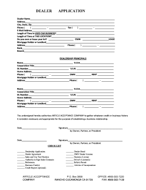 Fillable Online Dealer application - Article Acceptance Company Fax ...