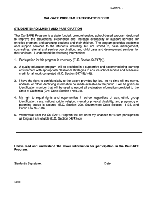 Fillable Online CAL-SAFE PROGRAM PARTICIPATION FORM STUDENT ENROLLMENT ...