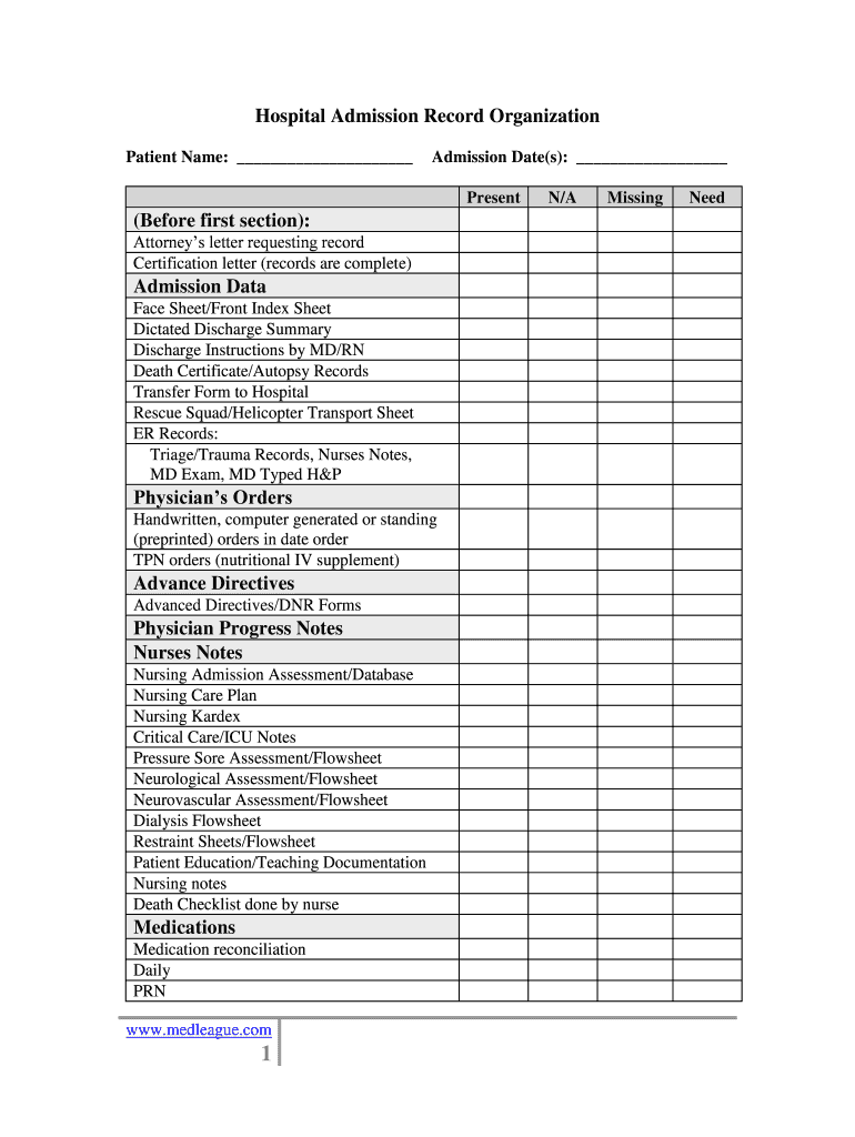 Fillable Online BHospitalb Record Checklist revised - Med League ...