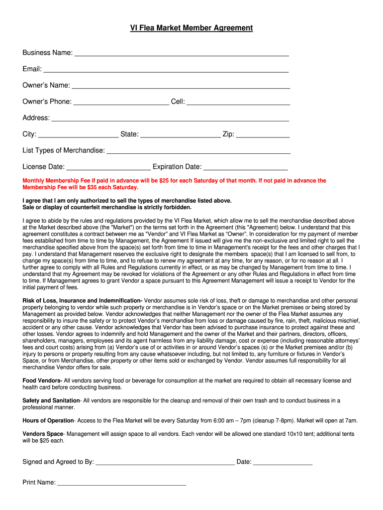 Fillable Online vidol VI Flea Market Member Agreement Fax Email Print ...