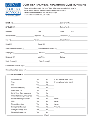 Fillable Online CONFIDENTIAL WEALTH PLANNING QUESTIONNAIRE Fax Email ...