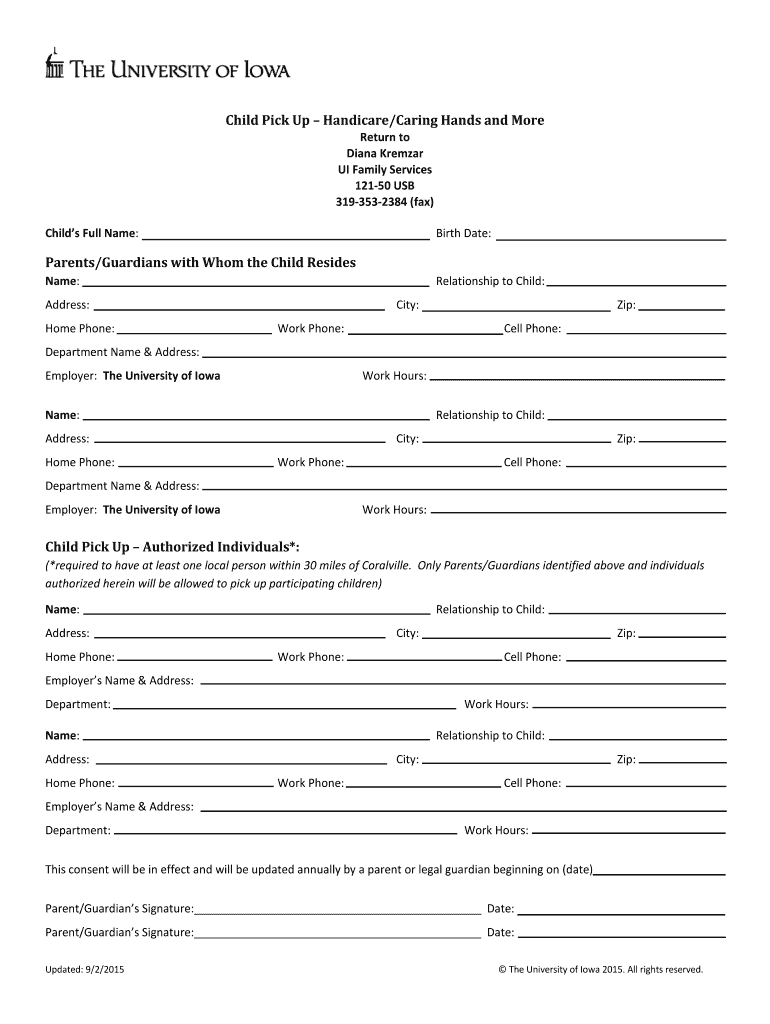 Fillable Online Parental Authorization for Childs Pick Up Authorization ...