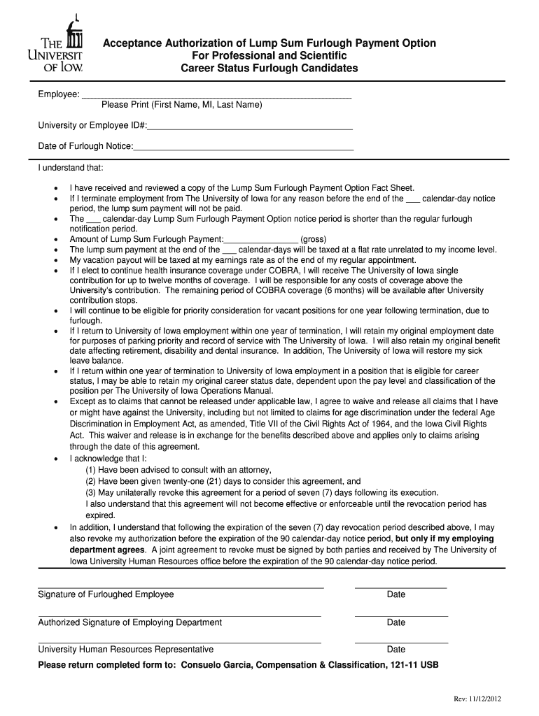 Fillable Online Acceptance Authorization of Lump Sum Furlough Payment ...