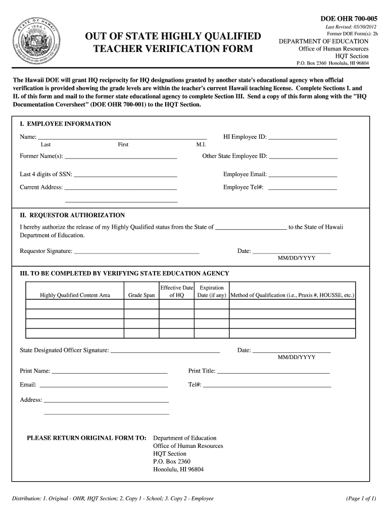 Fillable Online DOE OHR 700-005 Out of State Highly Qualified Teacher ...